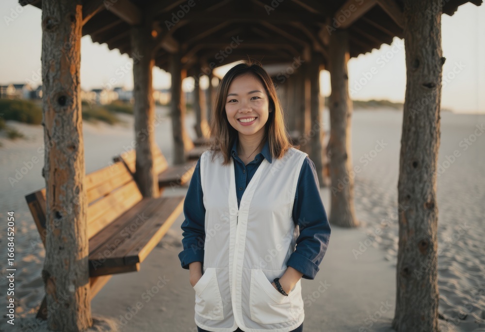 Beach park pavilion aide smiling near a shelter pillar and bench の ...