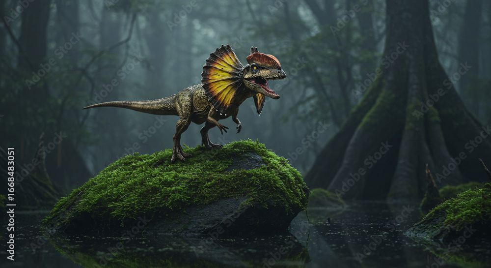 Dilophosaurus in Misty Swamp A Prehistoric Encounter Stock Photo ...