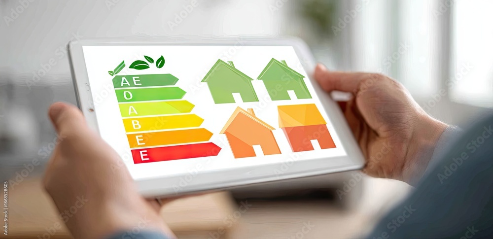 Tablet displays energy efficiency ratings of homes, using color-coded ...