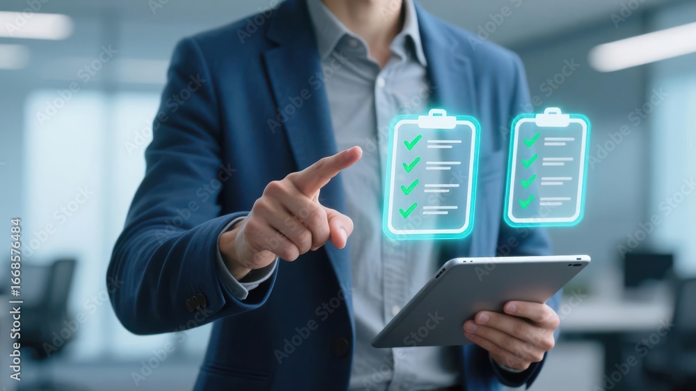 A businessman points at a glowing checklist icons while holding tablet ...