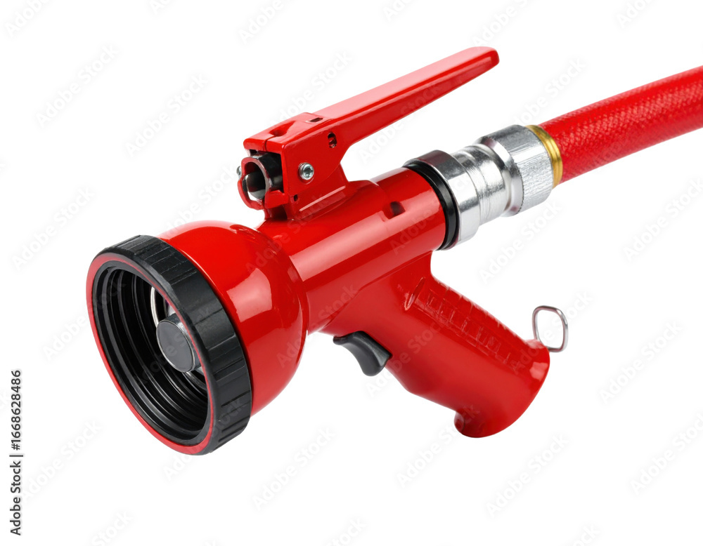 Red fire extinguisher nozzle with hose attachment showing emergency ...