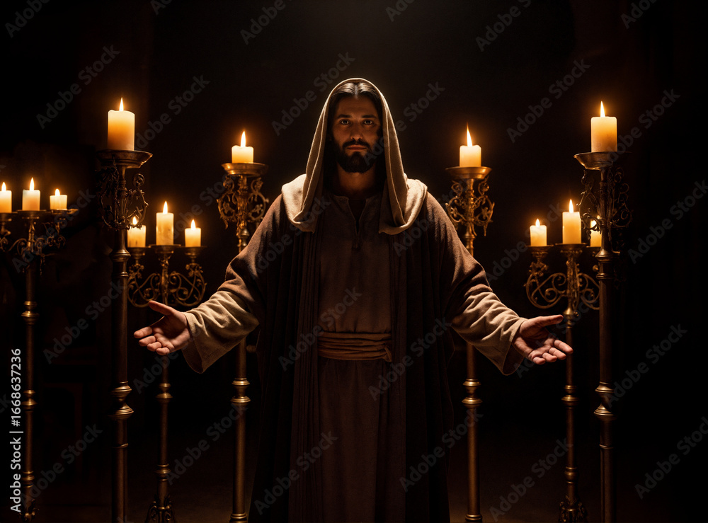 Jesus standing among seven golden lampstands in a dark room, vision ...