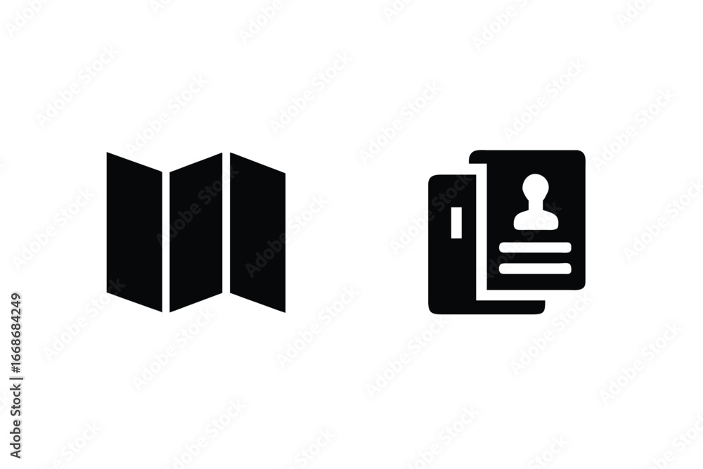 Travel icons showing folded map and identification documents for ...