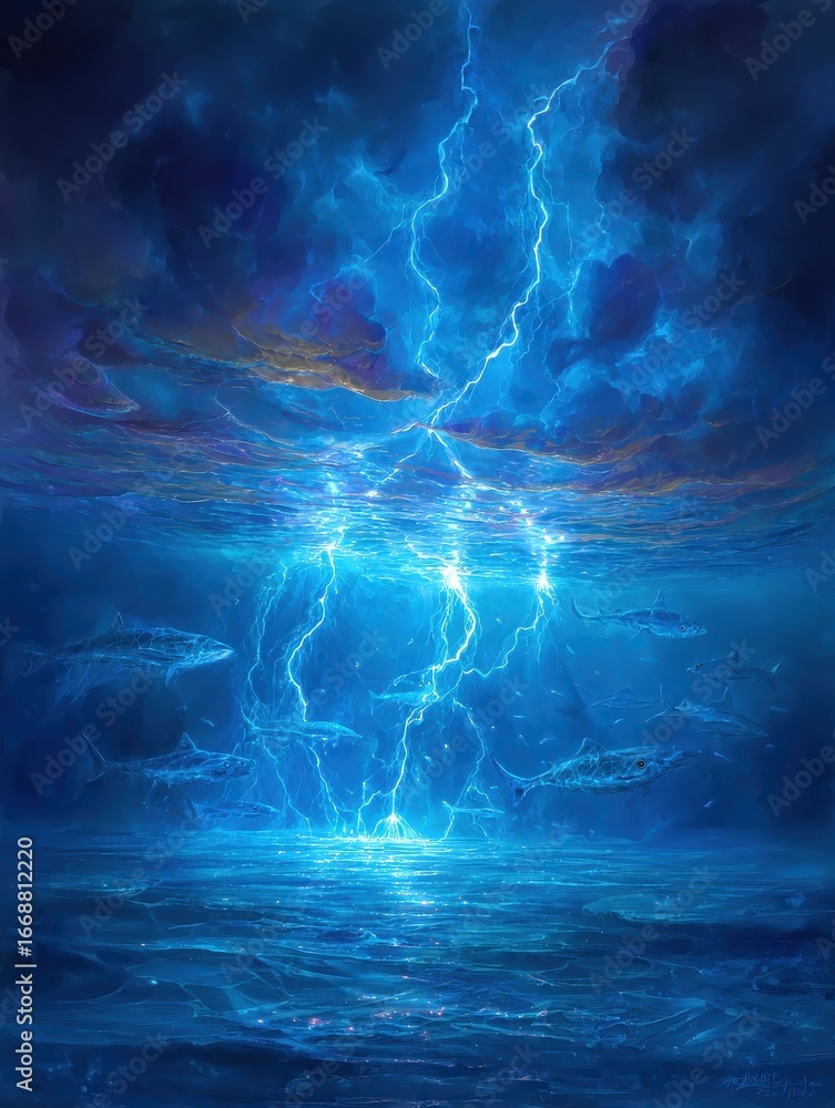 electric blue lightning illuminates the ocean surface while glowing ...