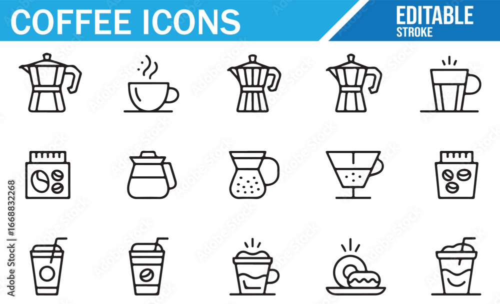 Editable Vector Coffee Icons Set, Coffee Cups, Beans, Espresso, Moka ...