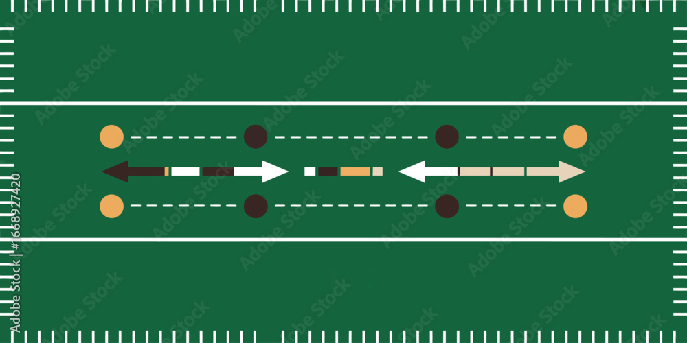 A football field diagram with arrows and circles indicating movement ...