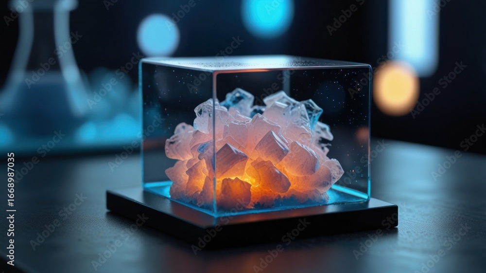 Aerogel Cube Sample Encased in Clear Resin Displayed on Lab Table ...