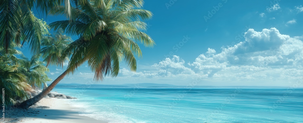 a beautiful tropical beach with palm trees and clear blue water, a ...
