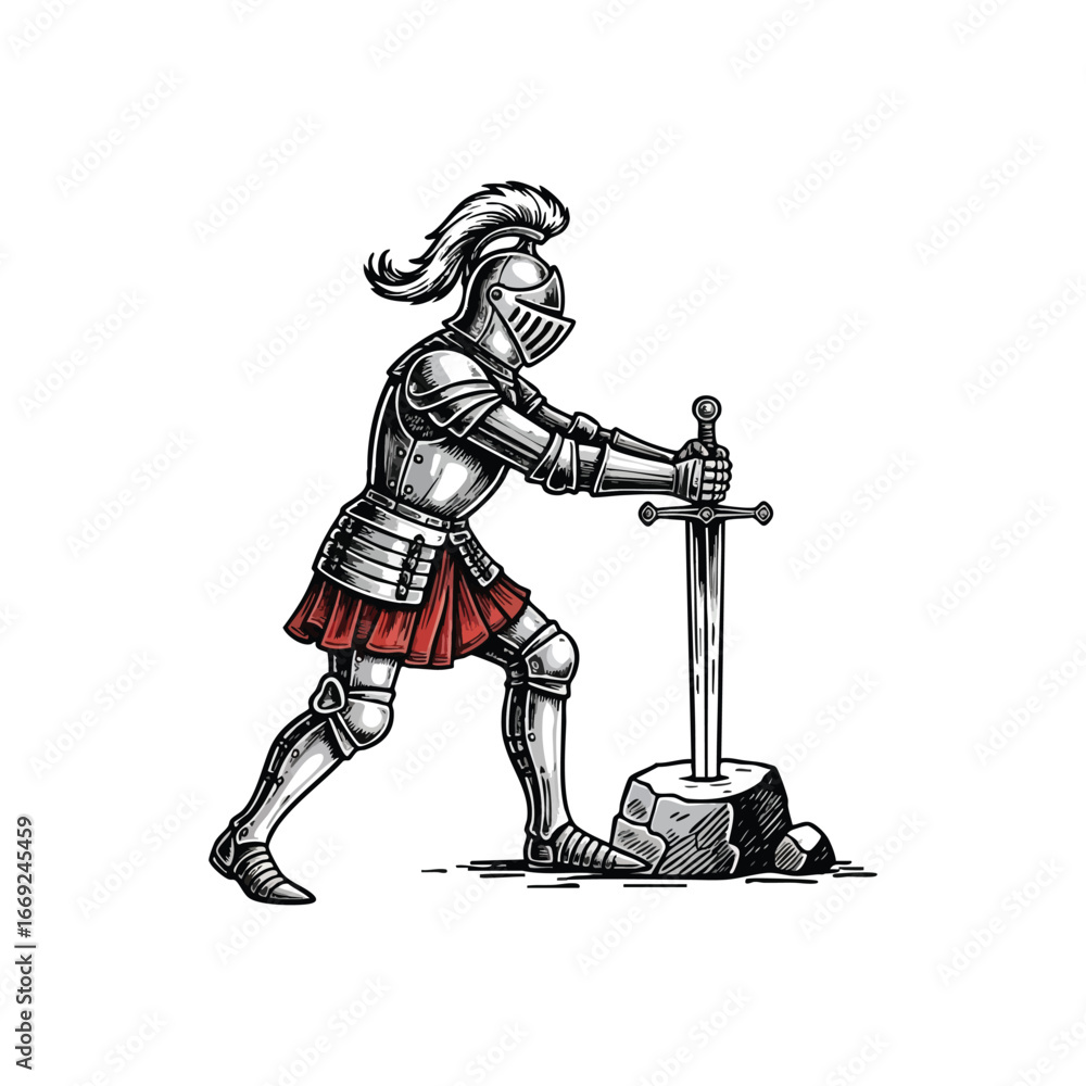 Armored Knight Pulling Legendary Sword. A valiant champion attempts to ...