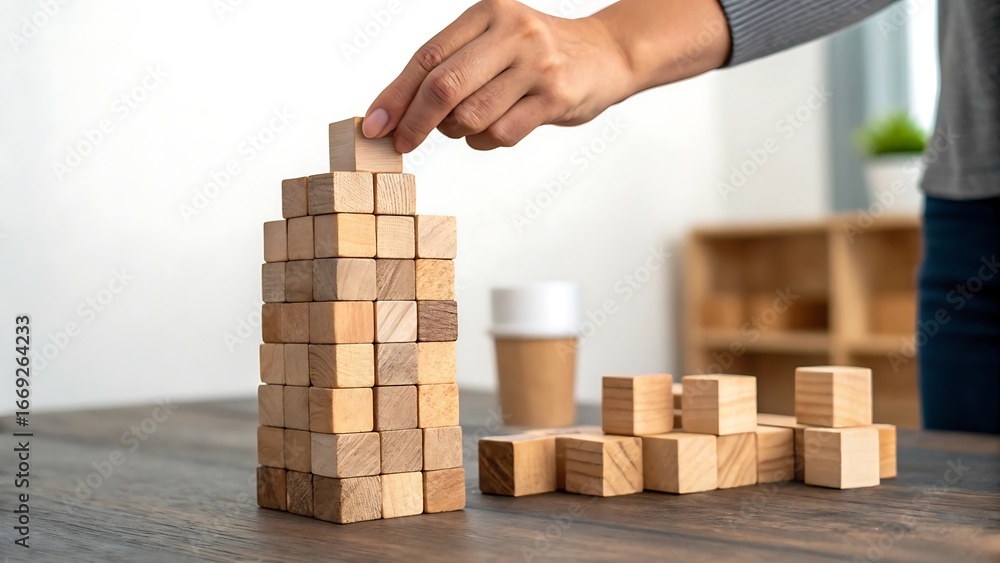 Hand stacking wooden blocks to build a tower on a table building Stock ...