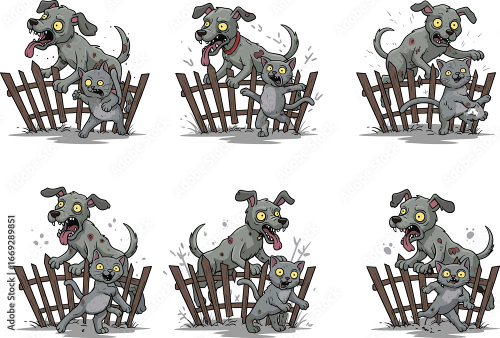 Stock-Vektorgrafik „Cartoon zombie dog and cat duo breaking fence ...