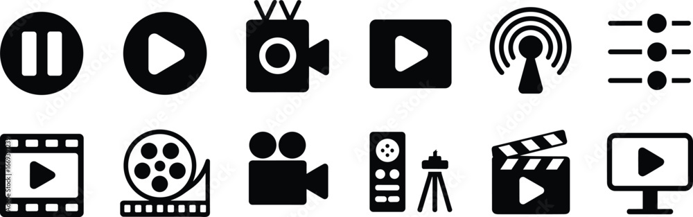Flat vector illustration, media icons, video symbols, play button ...