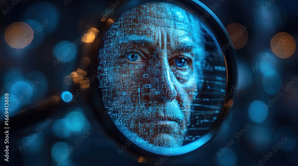 Ilustracja bez tantiem: Man face through magnifying glass with code ...