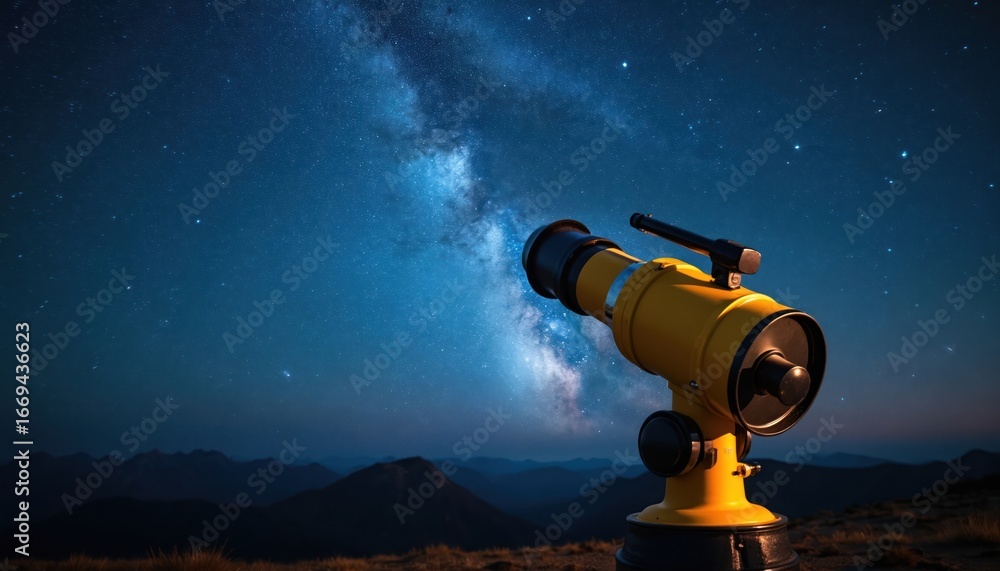 Yellow telescope positioned for stargazing under clear night sky filled ...