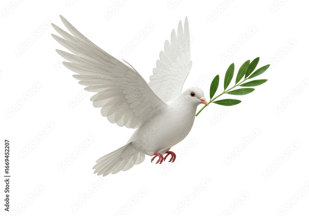 Isolated white dove of peace carrying olive branch for hope, love, and ...