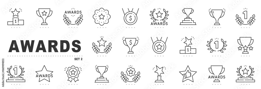 Outline award icon set featuring trophies, medals, stars, laurels ...