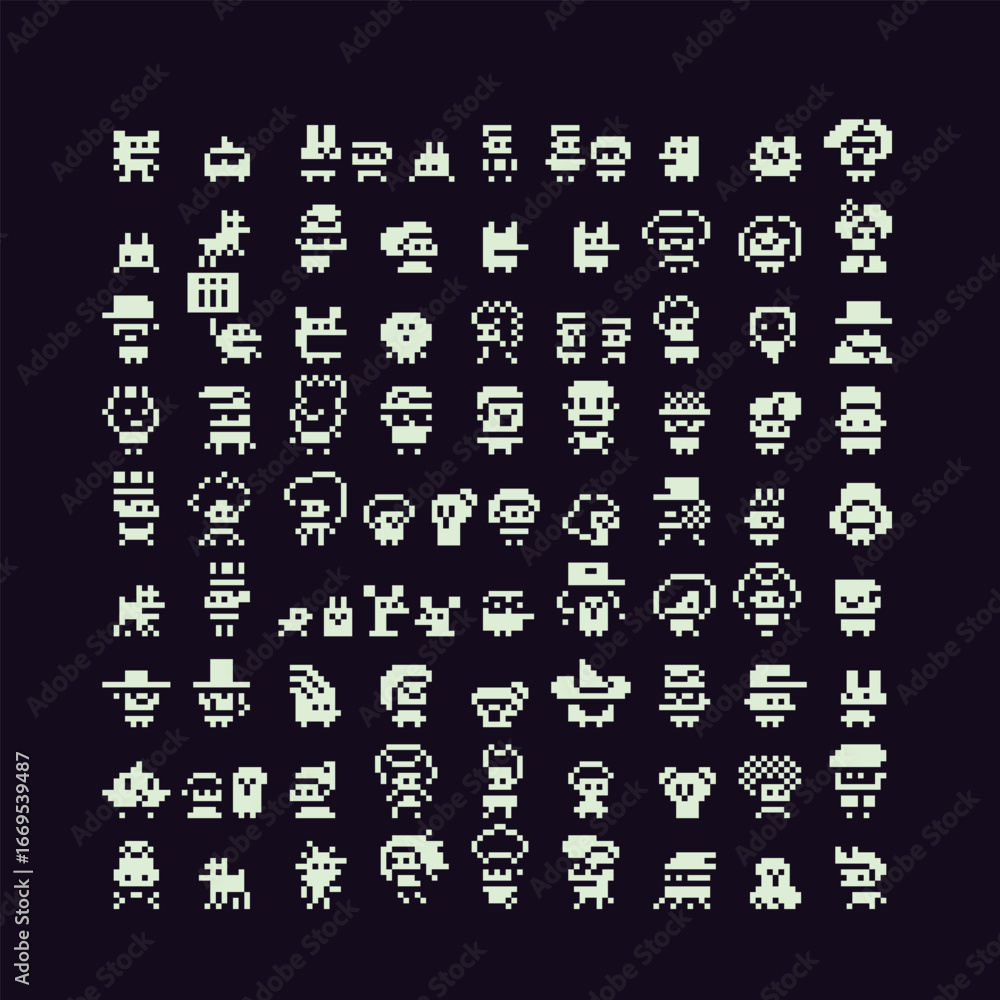 A collection of 100 unique pixel characters in retro 8-bit style ...