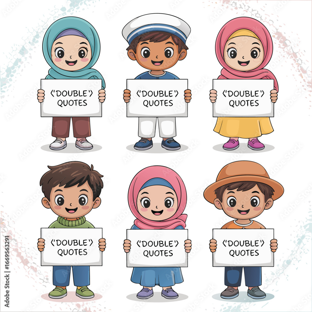 Cartoon Children Holding Double Quotes Signage Diverse Representation ...