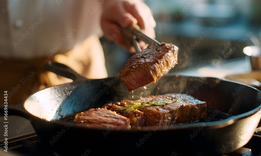 Chef flipping a steak with tongs in a cast iron pan, slow motion effect ...