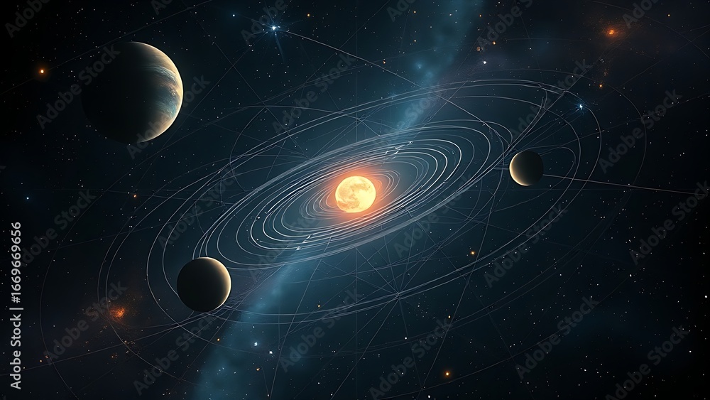 Celestial bodies linked by harmonic resonance lines, dancing in space ...