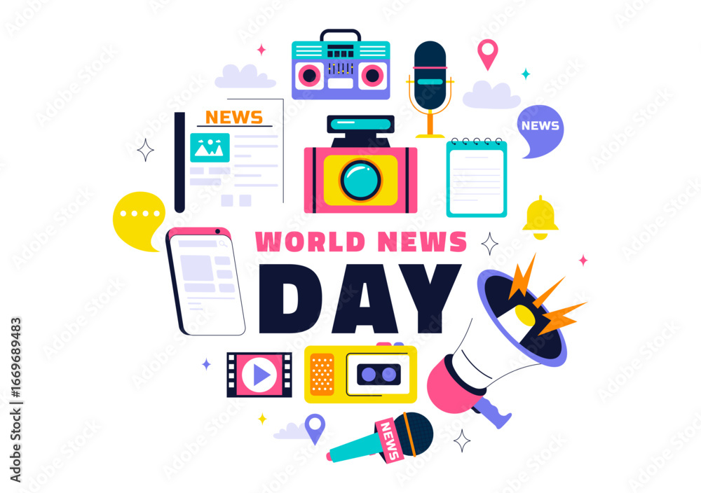 World News Day Vector Illustration featuring Press Freedom, Media, and Journalism Promoting ...