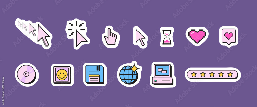 Vetor Retro 90s computer sticker pack with pixel cursor, floppy disk ...