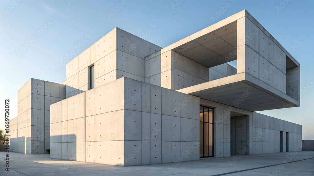 Stacked concrete volumes with cantilever and circular grid – Modern ...