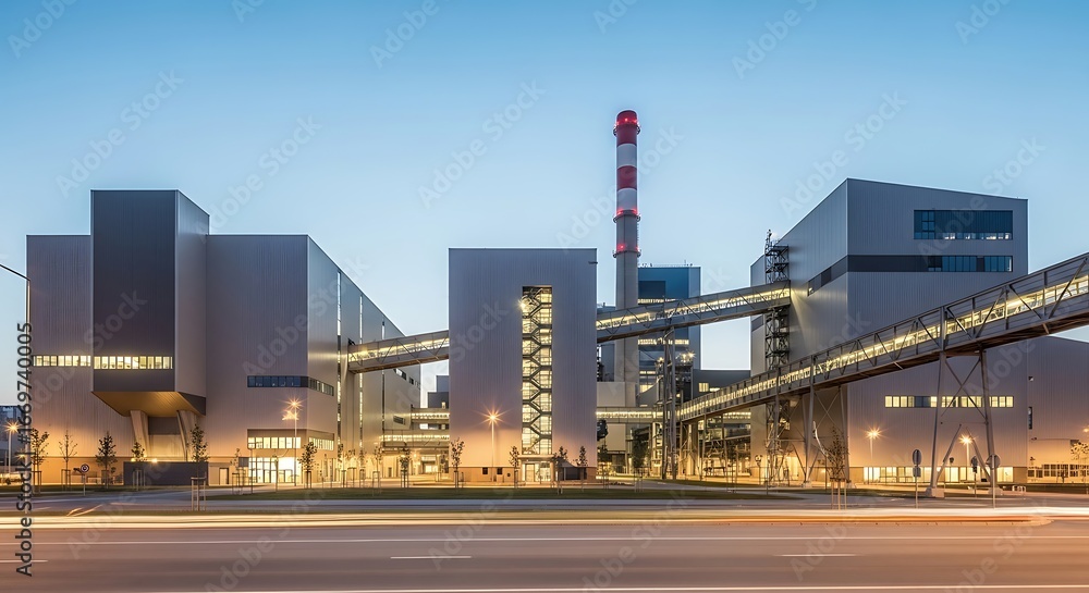 Modern industrial complex at twilight, featuring large structures ...