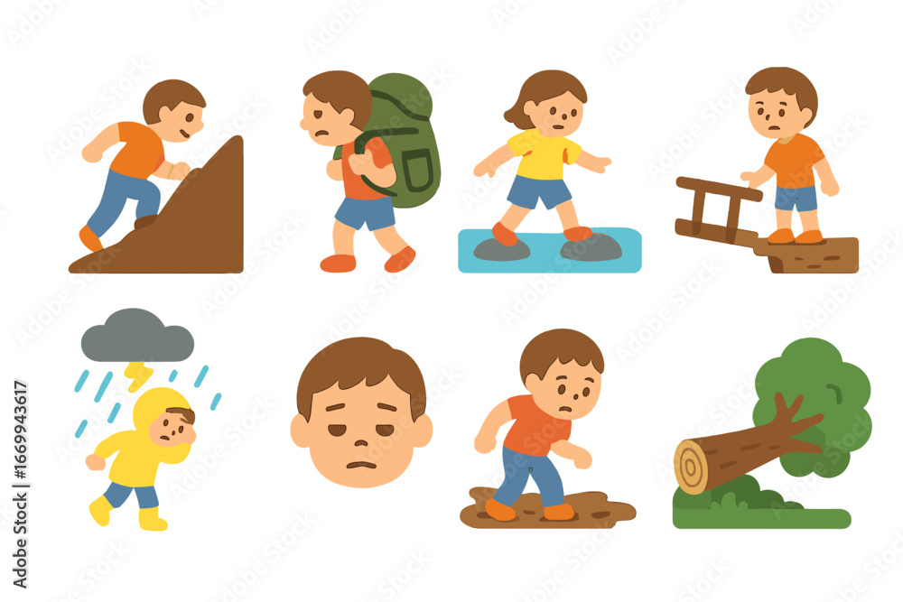 Adventure Challenges Icons. Flat vector mini-illustrations hardship ...