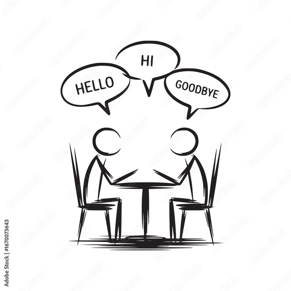 Two stick figures at a table with hello hi and goodbye speech bubbles ...