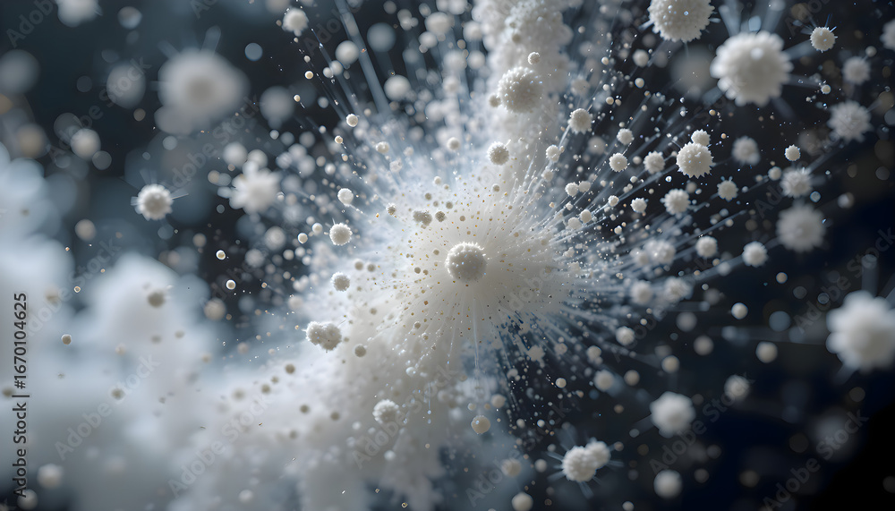 Abstract macro view of white spores spreading in dynamic motion ...