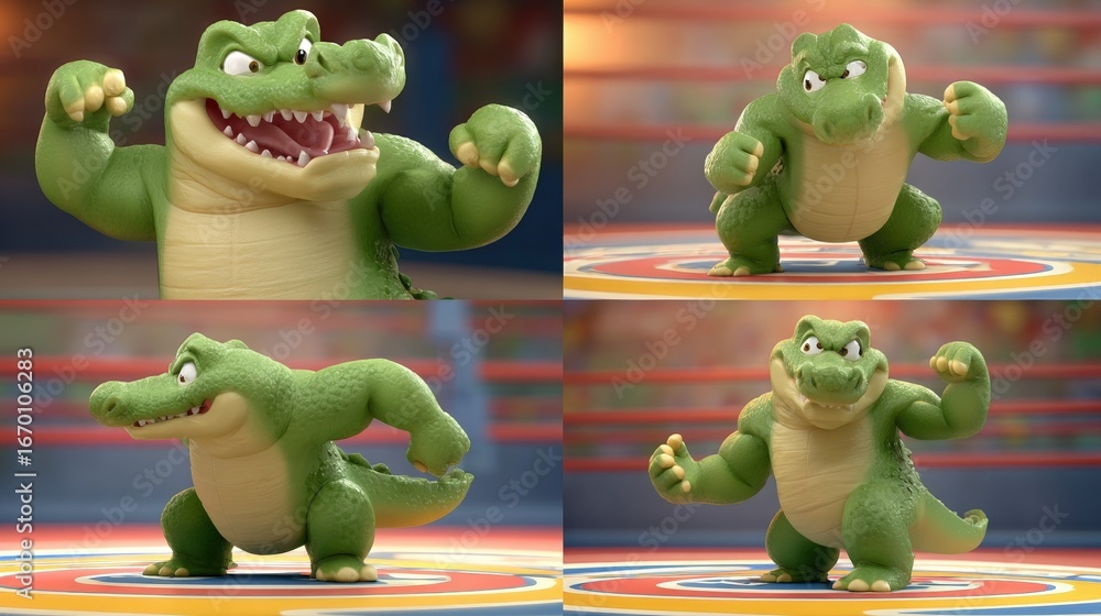 Animated green alligator character flexing muscles in four diverse ...