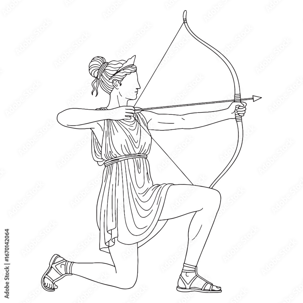 Divine Huntress Artemis Line Art – Lunar Forest Vector Outline Drawing ...