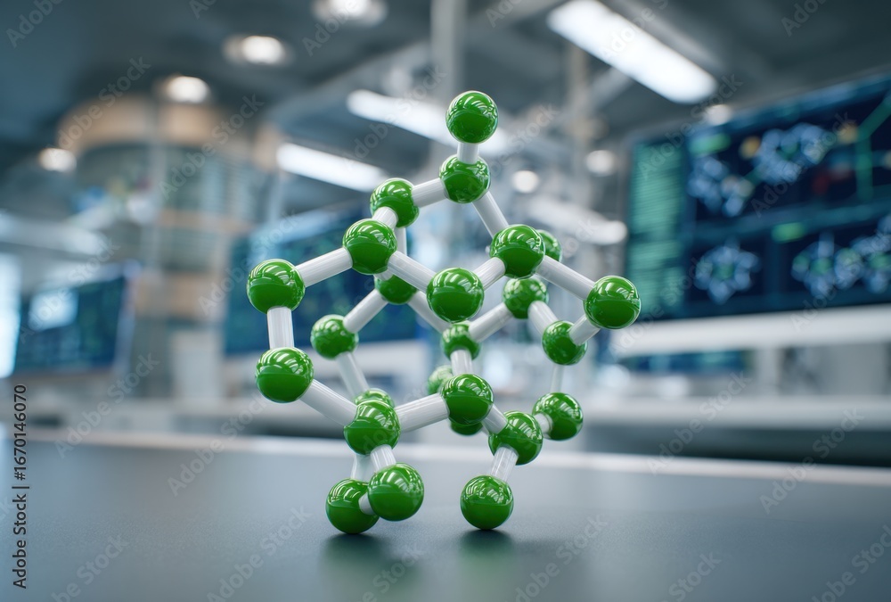 Detailed molecular model of a chemical compound with green and white ...