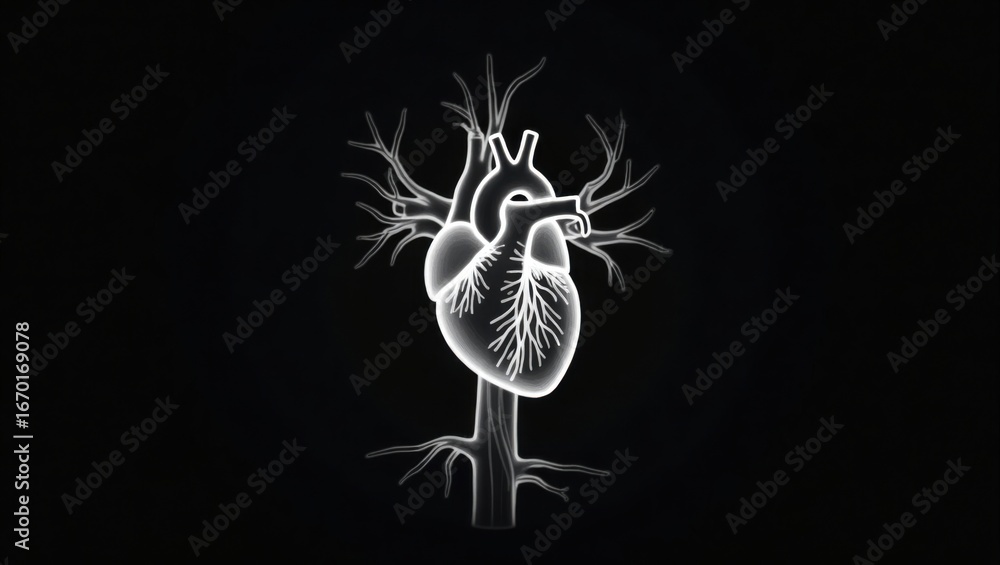 Rayos X de un corazón humano detallado y sus arterias circundantes, una ...