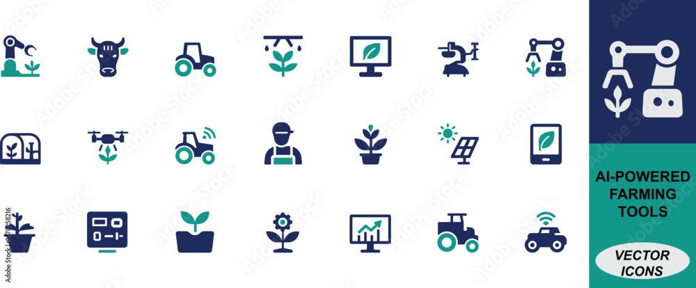 AI-powered farming vector icons. Featuring smart tractors, drones ...