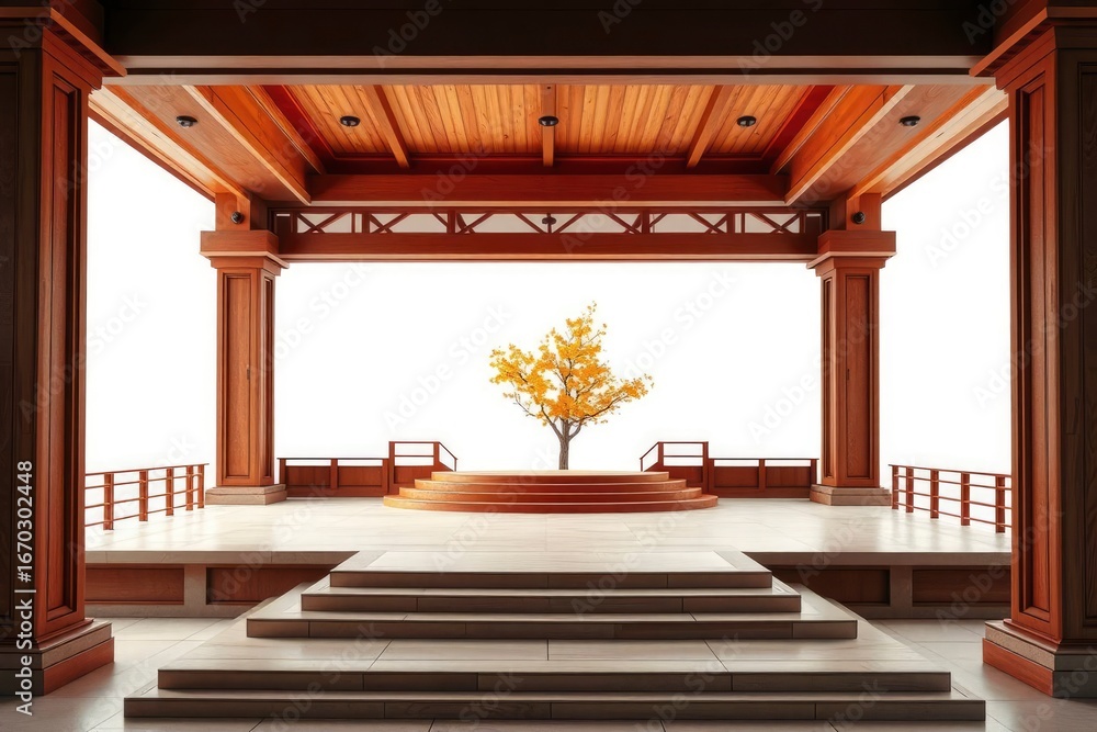 Pavilion features wooden columns roof steps A small tree stands on a ...