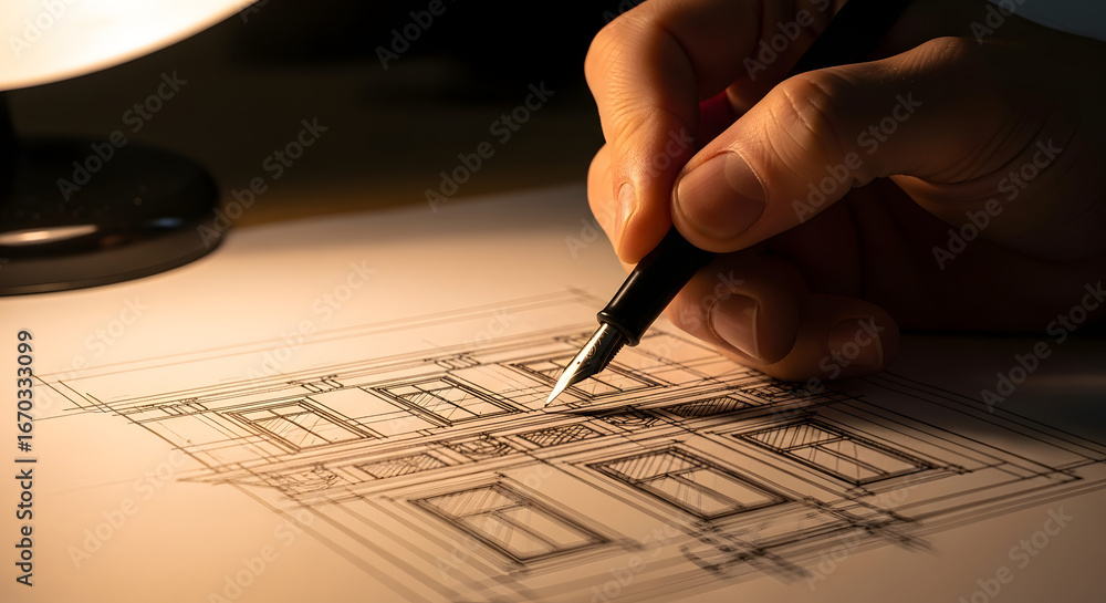 Architectural Design Under Warm Light: Hand Drafting a Building Plan ...