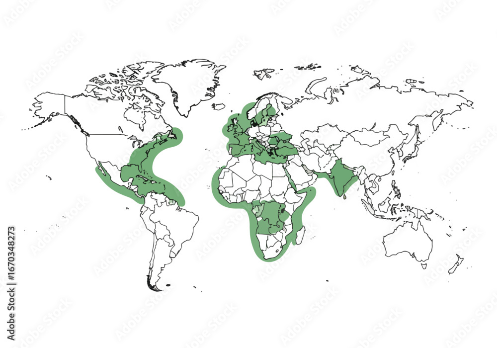 World map showing a specific geographic distribution highlighted in ...