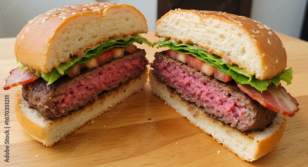 Gourmet Bacon Burger Cut in Half Revealing Juicy Medium-Rare Beef Patty ...