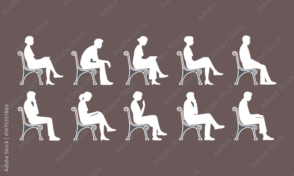 Sad people sitting on bench, silhouette style, depression, anxiety ...