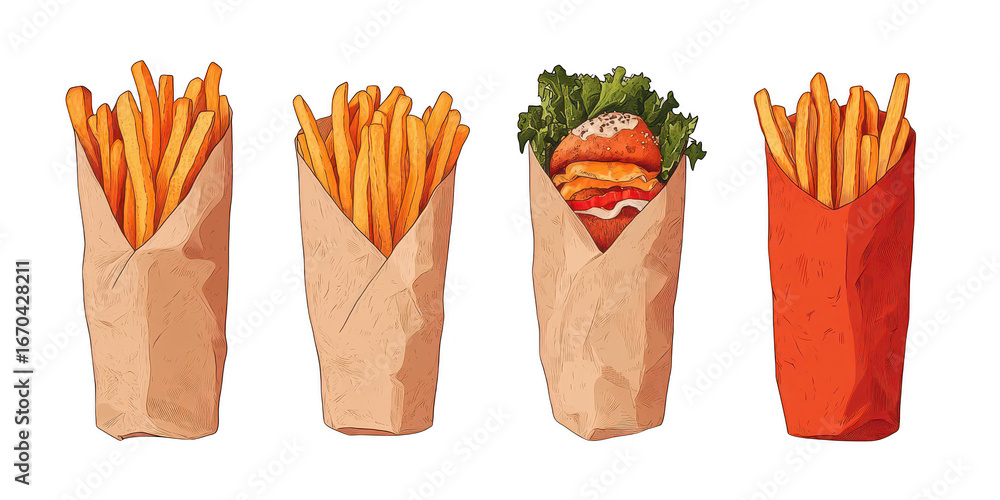 Assortment of Fast Food Items Wrapped in Paper Bags and Wrappers french ...