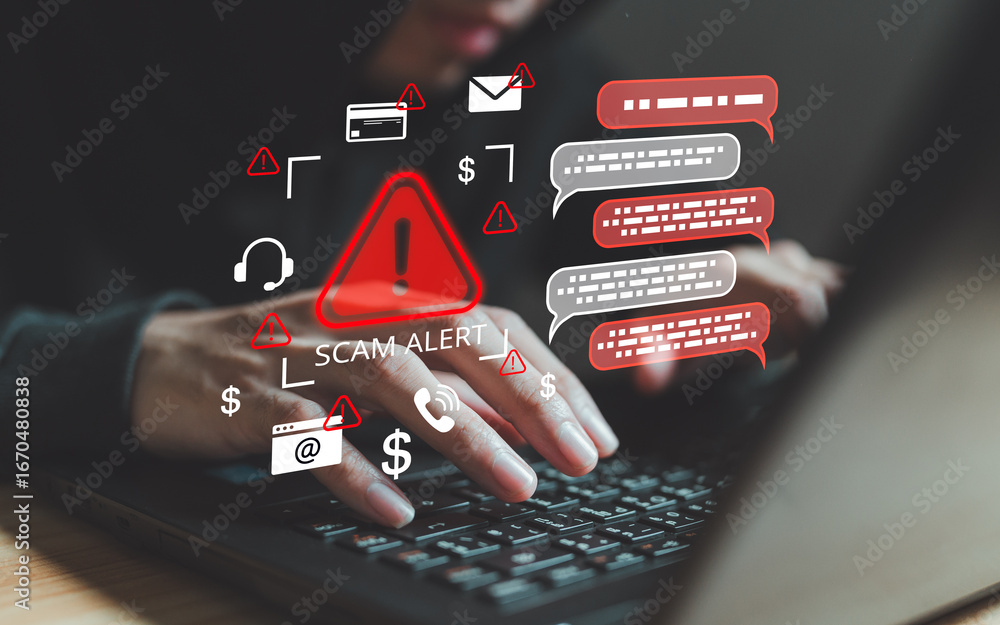 Hands typing on laptop with scam alert warning surrounded by fraud ...