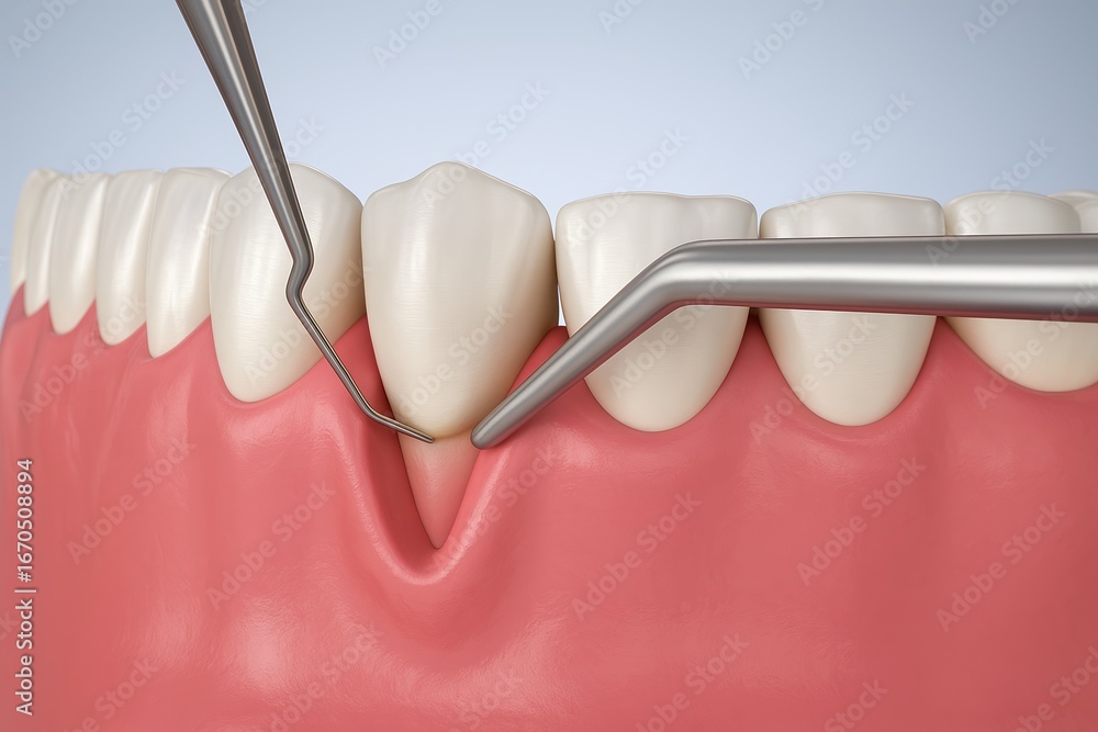 3D illustration of gum recession examination with dental tools, exposed ...