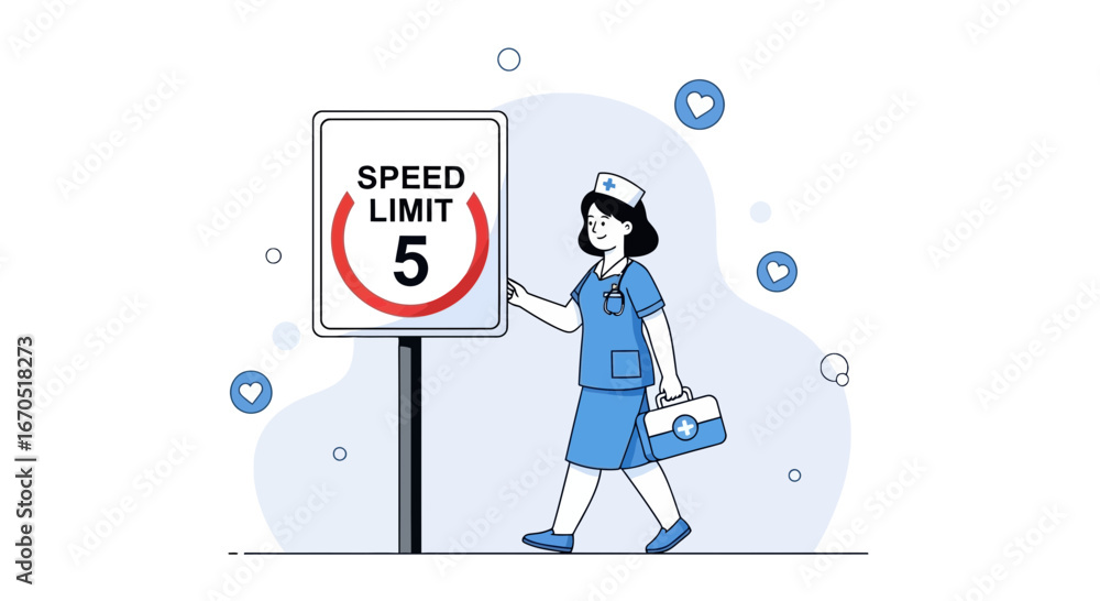 Nurse Observes Speed Limit Sign Of Five For Hospital Safety And Patient ...