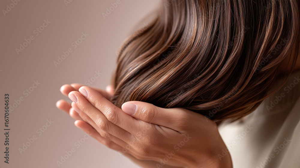 Foto de Stock Woman touching healthy shiny brown hair with highlights ...