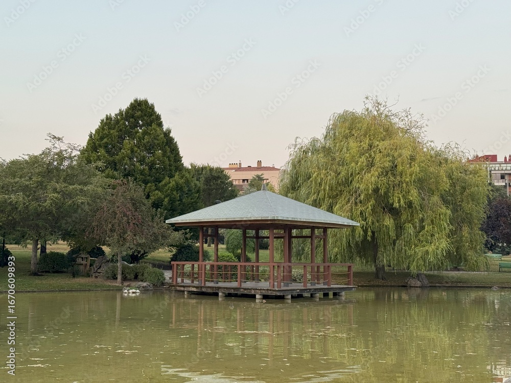 Japanese pavilion by the lake in Yamaguchi Park, Pamplona Stock Photo ...