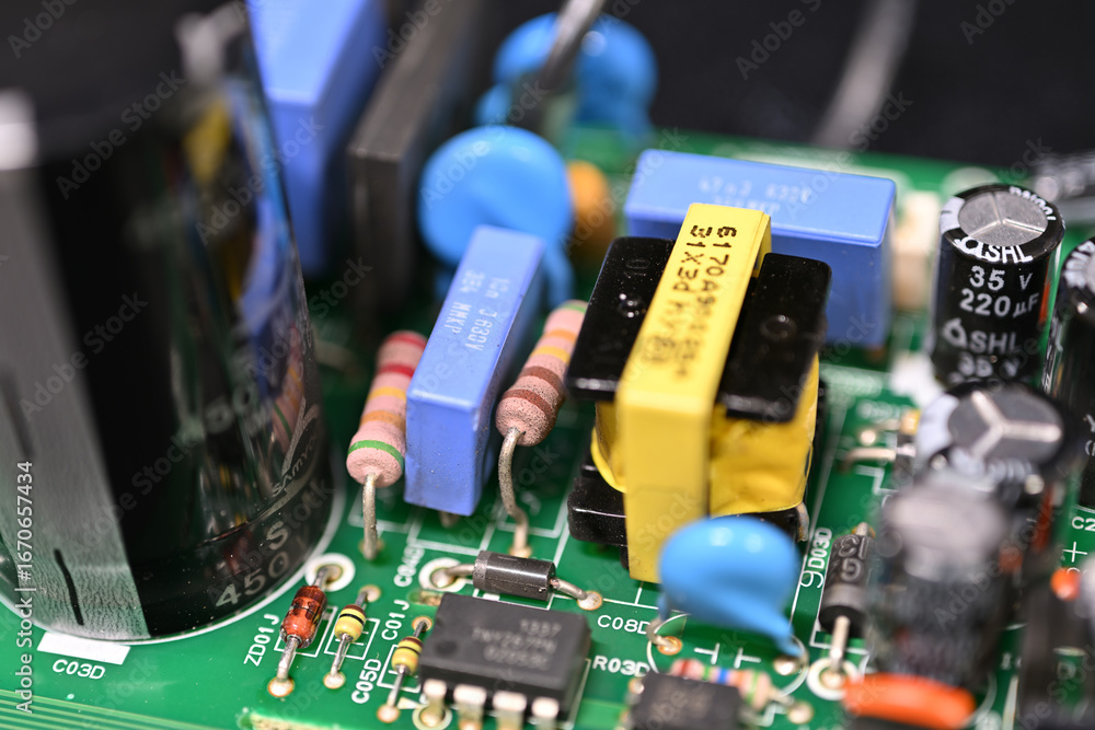 Close-up of various diodes and resistors powered on a printed circuit ...
