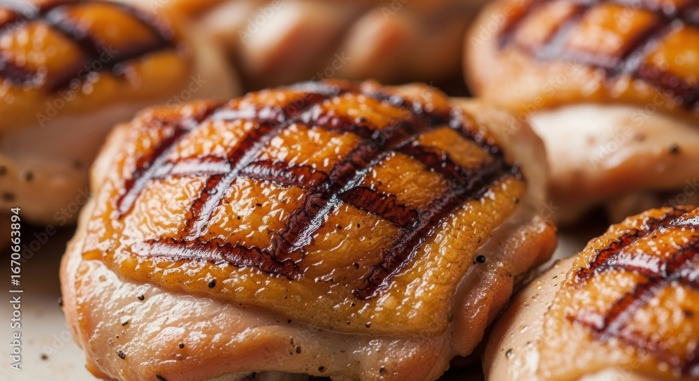 Grilled chicken thighs with crispy skin and char marks Stock Photo ...