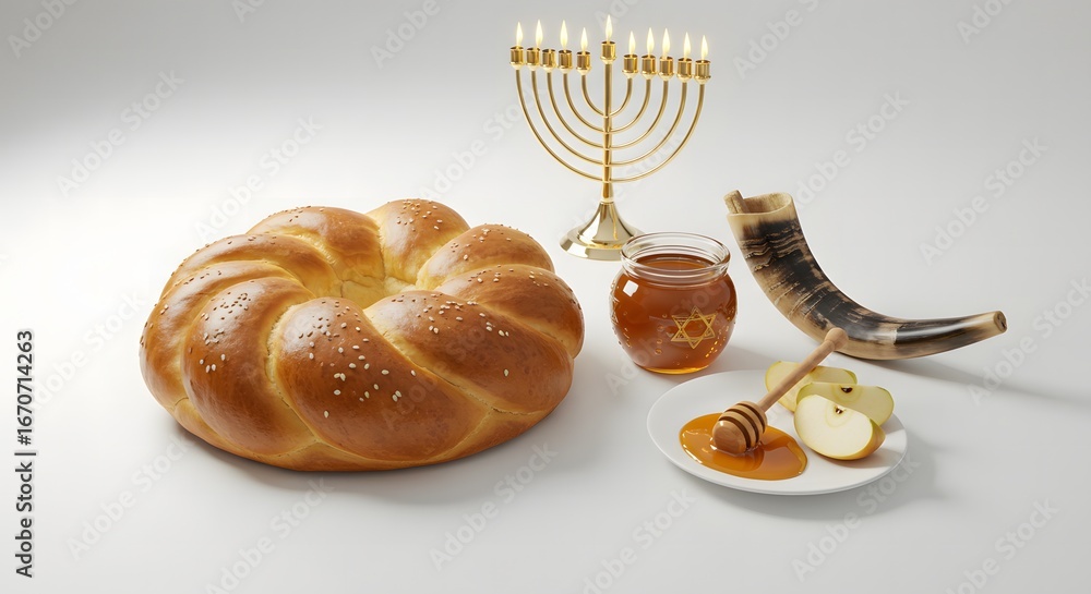 Rosh Hashanah Jewish New Year Celebration of challah bread menorah ...